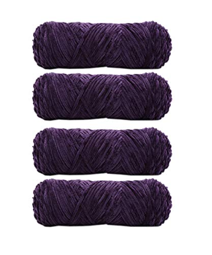 Truevalue 4 Skeins Chenille Yarn,Hand Knitting Glossy Chenille Velvet Blanket Yarn for Crochet Weaving DIY Craft Total 400g (Deep Purple)