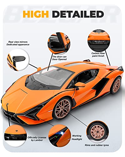 BEZGAR Remote Control Car - 1:14 Lambo Sián FKP 37 Electric Sport Racing Toy Car with Open Door, 2.4Ghz Licensed RC Car Series for Girls and Boys Age 8 9 10 11 12 Years Holiday Ideas Gift (Orange)