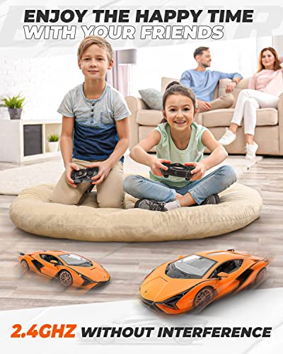 BEZGAR Remote Control Car - 1:14 Lambo Sián FKP 37 Electric Sport Racing Toy Car with Open Door, 2.4Ghz Licensed RC Car Series for Girls and Boys Age 8 9 10 11 12 Years Holiday Ideas Gift (Orange)