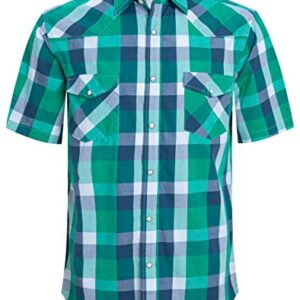 Mens Short Sleeve Western Shirts with Pearl Snap Button Up Casual Regular Fit Plaid Shirts (Green and White-05D,Large)