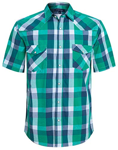 Mens Short Sleeve Western Shirts with Pearl Snap Button Up Casual Regular Fit Plaid Shirts (Green and White-05D,Large)