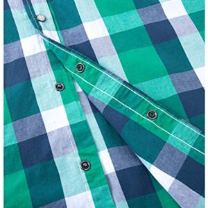 Mens Short Sleeve Western Shirts with Pearl Snap Button Up Casual Regular Fit Plaid Shirts (Green and White-05D,Large)