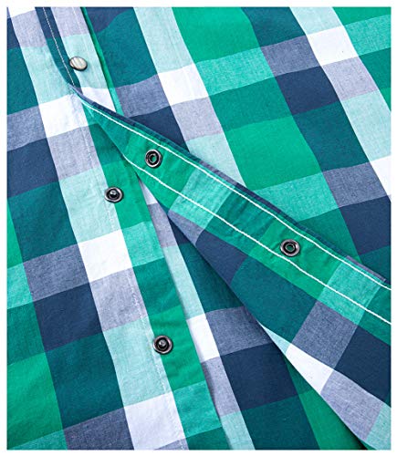 Mens Short Sleeve Western Shirts with Pearl Snap Button Up Casual Regular Fit Plaid Shirts (Green and White-05D,Large)