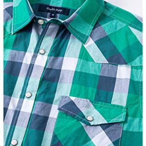 Mens Short Sleeve Western Shirts with Pearl Snap Button Up Casual Regular Fit Plaid Shirts (Green and White-05D,Large)