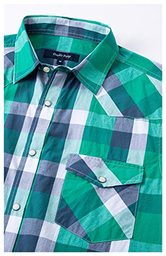 Mens Short Sleeve Western Shirts with Pearl Snap Button Up Casual Regular Fit Plaid Shirts (Green and White-05D,Large)