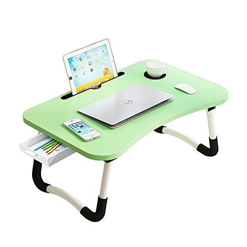 Lap Laptop Desk with Storage Drawer, Holders for Cup and Tablet, Laptop Bed Tray Table with Foldable Legs, Laptop Bed Stand, Portable Standing Table for Sofa Couch Floor (23.6", Green)