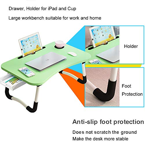 Lap Laptop Desk with Storage Drawer, Holders for Cup and Tablet, Laptop Bed Tray Table with Foldable Legs, Laptop Bed Stand, Portable Standing Table for Sofa Couch Floor (23.6", Green)