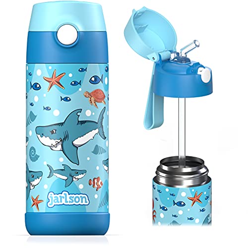 JARLSON kids water bottle with straw - CHARLI - insulated stainless steel water bottle - thermos - girls/boys (Shark 'Star', 12 oz)