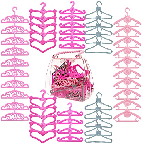 HighFun 50PCS Doll Hangers for Barbie Hangers for Doll Clothes 1 Pink Lovely Box Storage Doll Hangers for 12 inch Dolls