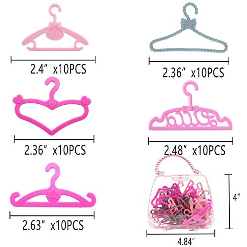 HighFun 50PCS Doll Hangers for Barbie Hangers for Doll Clothes 1 Pink Lovely Box Storage Doll Hangers for 12 inch Dolls