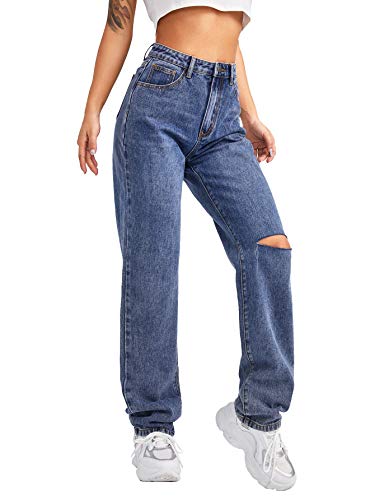 SweatyRocks Women's High Waist Slant Pocket Denim Jeans Ripped Straight Leg Pants Blue L