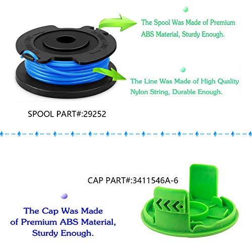 BOOTOP 29092 String Trimmer Replacement Spool 29252, Compatible with Greenworks 24V 40V 80V Weed Eater Cordless Trimmer 21332 21342.065-Inch Single Line Trimmer Replacement Spool (8 Spools, 2 Caps)