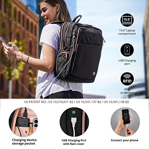 Swissdigital Design Katy Rose Backpack For Women Black with Rose Gold-Tone Zippers College Travel Laptop Backpack With Apple Find My network