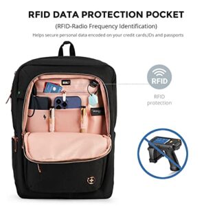 Swissdigital Design Katy Rose Backpack For Women Black with Rose Gold-Tone Zippers College Travel Laptop Backpack With Apple Find My network