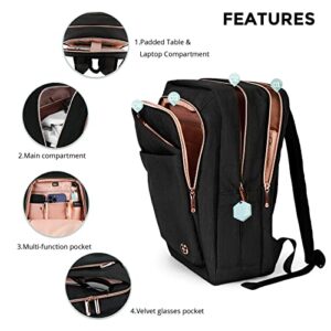 Swissdigital Design Katy Rose Backpack For Women Black with Rose Gold-Tone Zippers College Travel Laptop Backpack With Apple Find My network