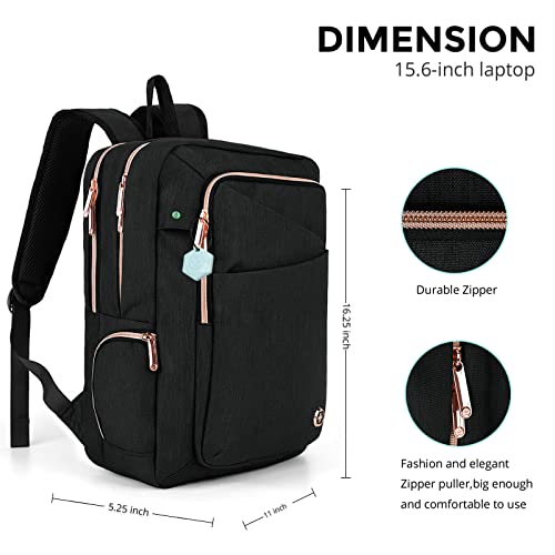 Swissdigital Design Katy Rose Backpack For Women Black with Rose Gold-Tone Zippers College Travel Laptop Backpack With Apple Find My network