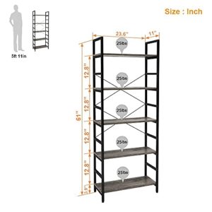 Bestier Bookshelf 5 Tier Bookcase Adjustable Shelves, Multifunctional Display Rack Storage Shelf Organizer Kitchen Standing Shelf for Home Office with Metal Frame,Gray