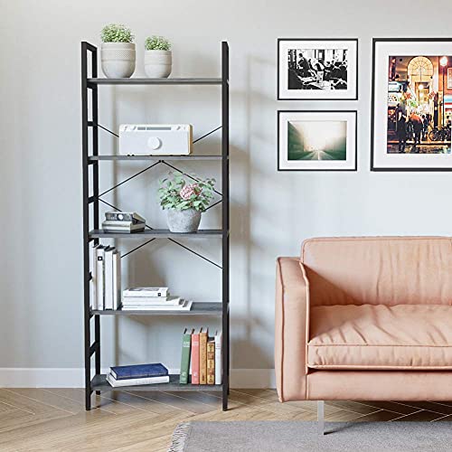 Bestier Bookshelf 5 Tier Bookcase Adjustable Shelves, Multifunctional Display Rack Storage Shelf Organizer Kitchen Standing Shelf for Home Office with Metal Frame,Gray