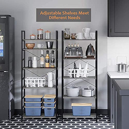 Bestier Bookshelf 5 Tier Bookcase Adjustable Shelves, Multifunctional Display Rack Storage Shelf Organizer Kitchen Standing Shelf for Home Office with Metal Frame,Gray