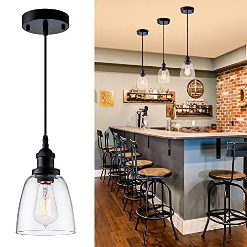 IMPIOIO Pendant Light Over Island Hanging Lighting Industrial Clear Glass Adjustable Cord for Sink Kitchen Island Dining Room, Black, 1 Pack