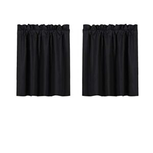 valea home blackout short curtains waterproof soft rod pocket kitchen curtains for bathroom window room darkening small curtains for bedroom 24 inch length, 2 panels, black