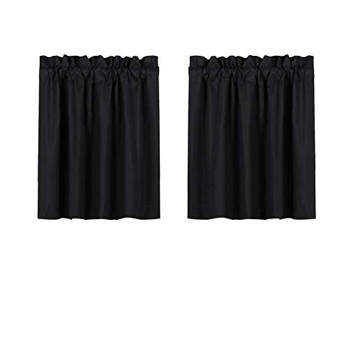 Valea Home Blackout Short Curtains Waterproof Soft Rod Pocket Kitchen Curtains for Bathroom Window Room Darkening Small Curtains for Bedroom 24 inch Length, 2 Panels, Black