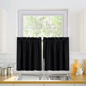 Valea Home Blackout Short Curtains Waterproof Soft Rod Pocket Kitchen Curtains for Bathroom Window Room Darkening Small Curtains for Bedroom 24 inch Length, 2 Panels, Black