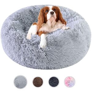 kimpets dog bed calming dog beds for small medium large dogs - round donut washable dog bed, anti-slip faux fur fluffy donut cuddler anxiety cat bed(20")