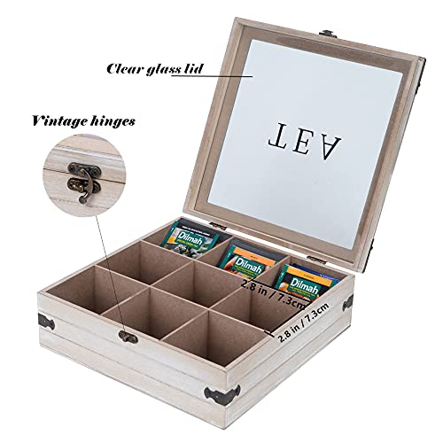 AHUONEL Tea Box Organizer Tea Bag Holder, 9 Compartments Rustic Tea Storage Box, Tea Chest Tea Organizer Container for Tea Bags, Creamers, Sugar, Coffee Pods, Instant Coffee Packets (Gray)