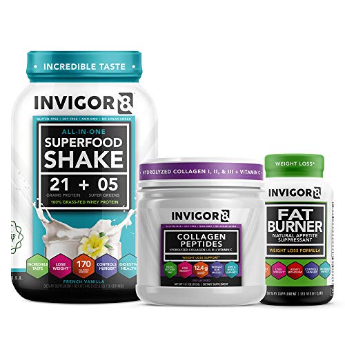 INVIGOR8 Superfood Shake (French Vanilla) Whey Protein Shake + Collagen Peptides + Fatburner Bundle