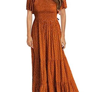 Kranda 2023 Summer Dresses for Women Round Neck Short Flutter Sleeve Casual Swing Flowy Smocked Ruffle Tiered Maxi Floral Dress Camel XL