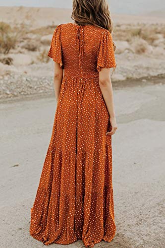 Kranda 2023 Summer Dresses for Women Round Neck Short Flutter Sleeve Casual Swing Flowy Smocked Ruffle Tiered Maxi Floral Dress Camel XL