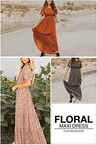 Kranda 2023 Summer Dresses for Women Round Neck Short Flutter Sleeve Casual Swing Flowy Smocked Ruffle Tiered Maxi Floral Dress Camel XL