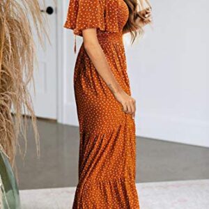 Kranda 2023 Summer Dresses for Women Round Neck Short Flutter Sleeve Casual Swing Flowy Smocked Ruffle Tiered Maxi Floral Dress Camel XL