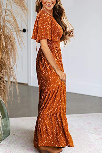 Kranda 2023 Summer Dresses for Women Round Neck Short Flutter Sleeve Casual Swing Flowy Smocked Ruffle Tiered Maxi Floral Dress Camel XL