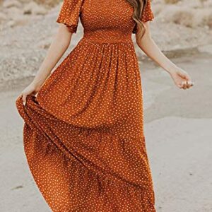 Kranda 2023 Summer Dresses for Women Round Neck Short Flutter Sleeve Casual Swing Flowy Smocked Ruffle Tiered Maxi Floral Dress Camel XL