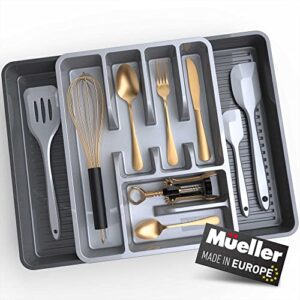 mueller large flatware kitchen drawer organizer, expandable 19.7" x 15" silverware organizer, 6 compartments, heavy-duty, cutlery tray for utensils or stuff, dining room, living room, grey