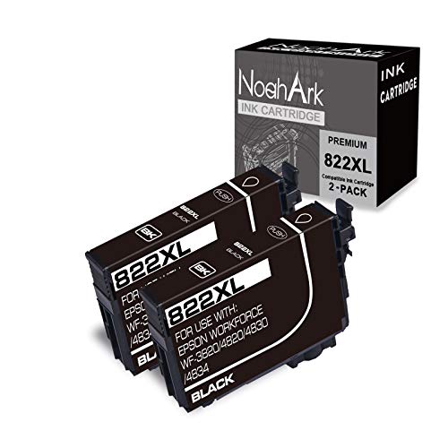 NoahArk 2 Packs 822XL Remanufactured Ink Cartridge Replacement for Epson 822 822XL T822 T822XL High Yield Ink for Workforce Pro WF-3820 WF-4820 WF-4830 WF-4833 WF-4834 Printer(2 Black)