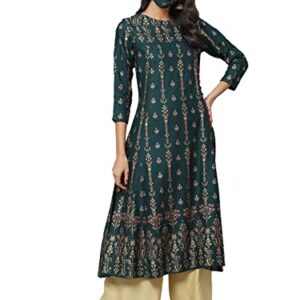 Yash Gallery Women's Plus Size Rayon Floral Print Anarkali Kurta (Dark Green)