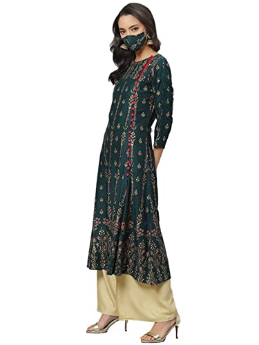 Yash Gallery Women's Plus Size Rayon Floral Print Anarkali Kurta (Dark Green)