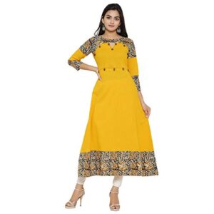 yash gallery women's plus size cotton blend kalamkari print a-line kurtis (mustard yellow)