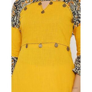 Yash Gallery Women's Plus Size Cotton Blend Kalamkari Print A-Line Kurtis (Mustard Yellow)