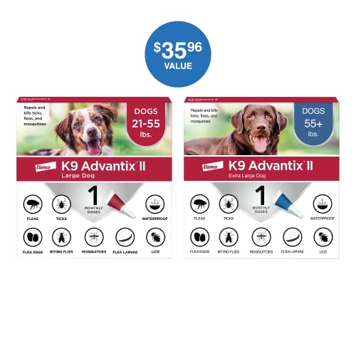 K9 Advantix II XL Dog Over 55 lbs & K9 Advantix II Large Dog 21-55 lbs Vet-Recommended Flea, Tick & Mosquito Treatment & Prevention | 1-Mo Supply Each