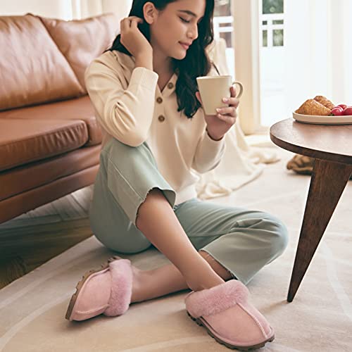 WaySoft Genuine Australian Sheepskin Women Slippers, Water-Resistant Warm and Fluffy Outdoor House Slippers for Women (8, Pink, numeric_8)