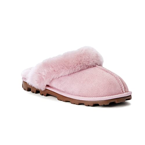 WaySoft Genuine Australian Sheepskin Women Slippers, Water-Resistant Warm and Fluffy Outdoor House Slippers for Women (8, Pink, numeric_8)