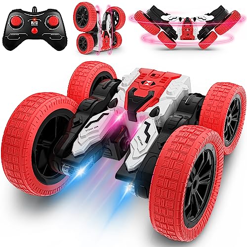 Remote Control Car, Double Sided RC Car, 4WD Off-Road Stunt Car with 360° Flips, 2.4Ghz Indoor/Outdoor All Terrain Rechargeable Electric Toy Cars Gifts for Boys Kids 3 + Year Old (Red)