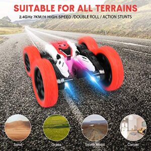 Remote Control Car, Double Sided RC Car, 4WD Off-Road Stunt Car with 360° Flips, 2.4Ghz Indoor/Outdoor All Terrain Rechargeable Electric Toy Cars Gifts for Boys Kids 3 + Year Old (Red)