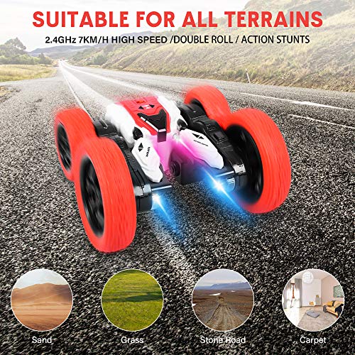 Remote Control Car, Double Sided RC Car, 4WD Off-Road Stunt Car with 360° Flips, 2.4Ghz Indoor/Outdoor All Terrain Rechargeable Electric Toy Cars Gifts for Boys Kids 3 + Year Old (Red)