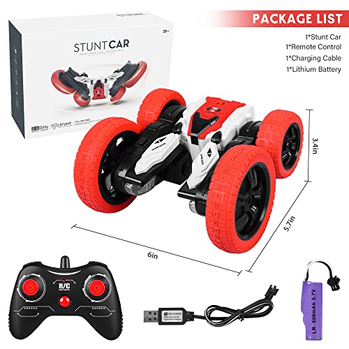 Remote Control Car, Double Sided RC Car, 4WD Off-Road Stunt Car with 360° Flips, 2.4Ghz Indoor/Outdoor All Terrain Rechargeable Electric Toy Cars Gifts for Boys Kids 3 + Year Old (Red)