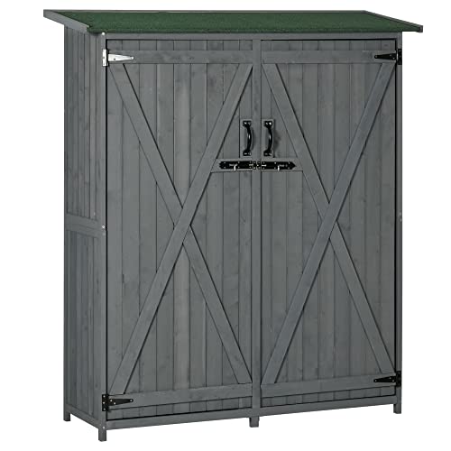 Outsunny Outdoor Storage Cabinet Wooden Garden Shed Utility Tool Organizer with Waterproof Asphalt Rood, Lockable Doors, 3 Tier Shelves for Lawn, Backyard, Grey